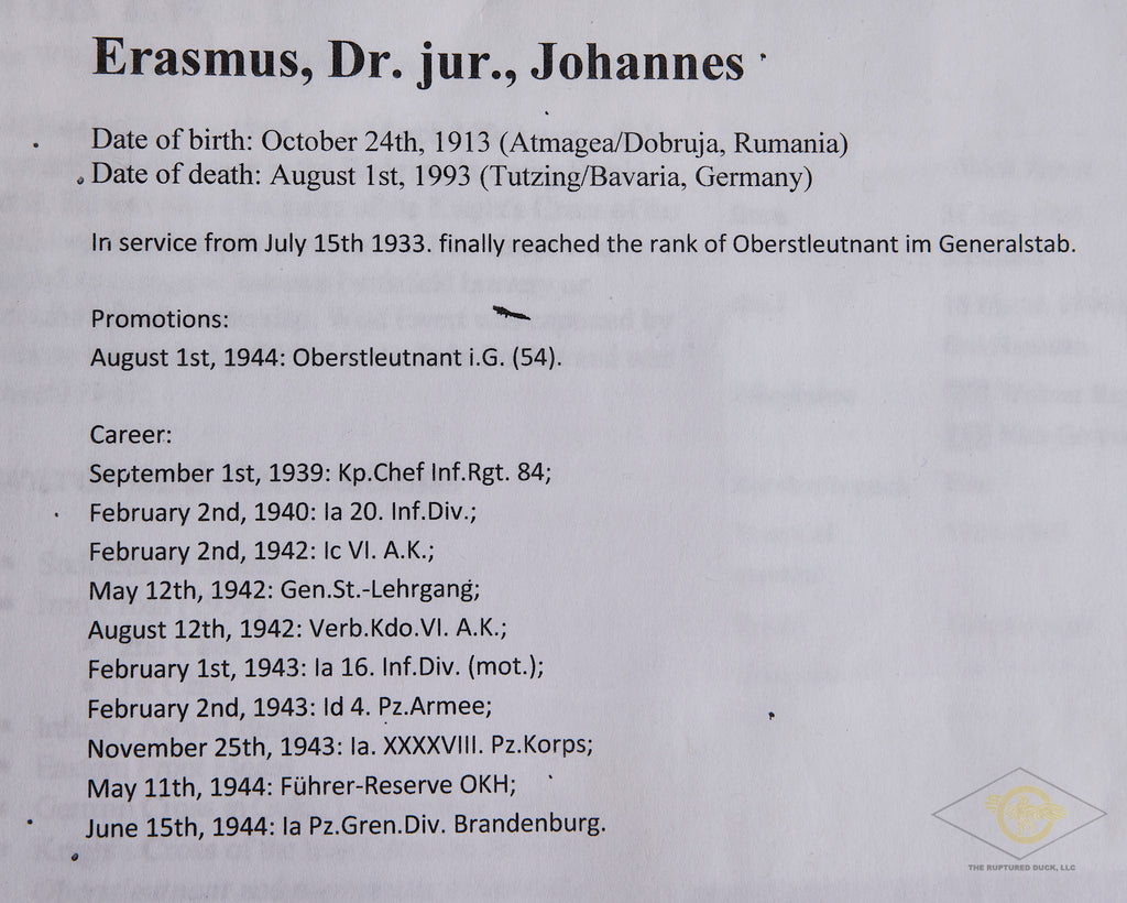 German WWII Signed Photo of Army Dr Jur Johannes Erasmus – The Ruptured ...